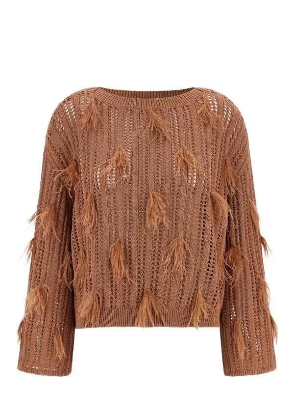TWINSET Boat Neck Knitted Jumper With Feather Trim - Brown