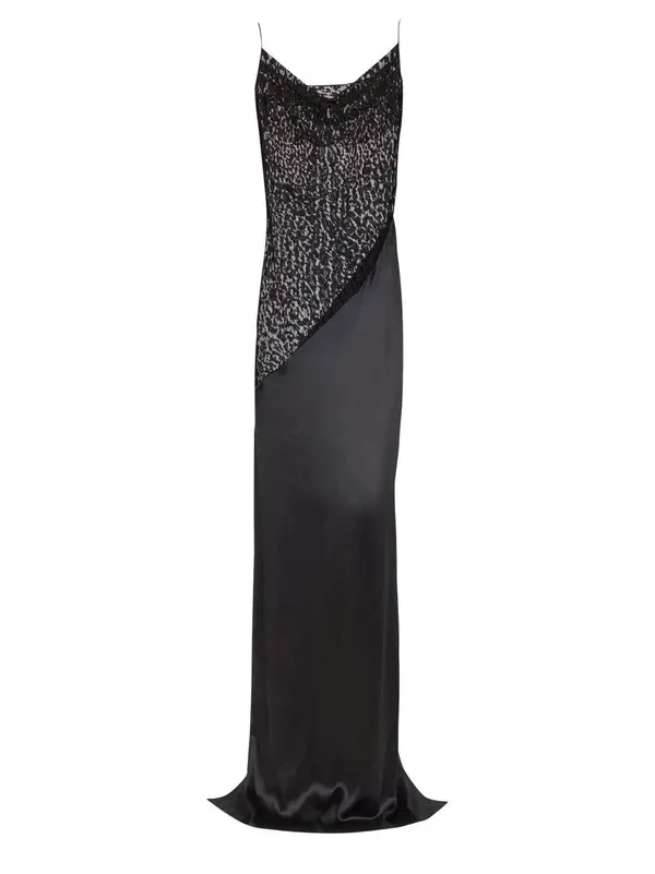 Balmain Flowy Spaghetti Strap Leopard Print Lace Dress - Black
