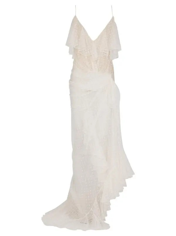 Balmain Long Flowing Dress With Lace Ruffles - White