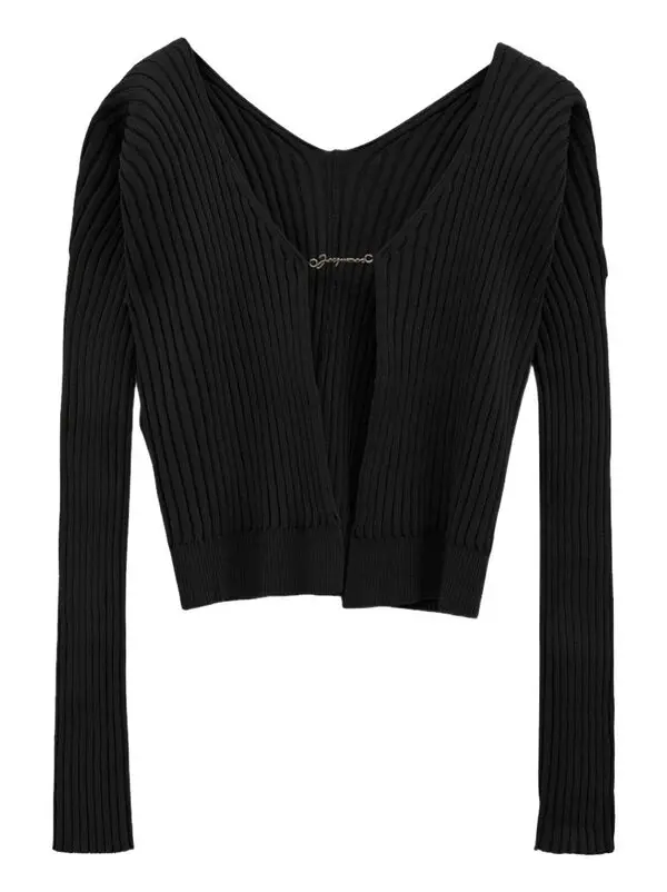Jacquemus Logo Plaque Ribbed Knit Cardigan - Black