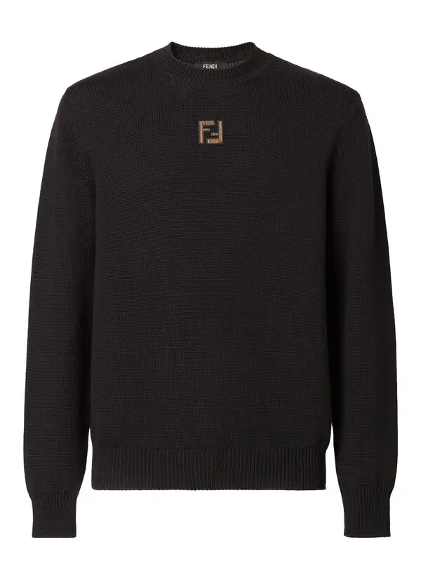Fendi Crewneck Knitted Jumper With Ff Detail - Black