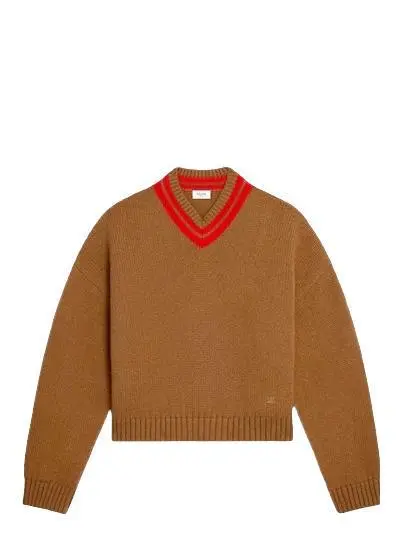 Celine Cashmere V-neck Sweater With Triumphal Embroidery And Two-tone Collar - Camel Red