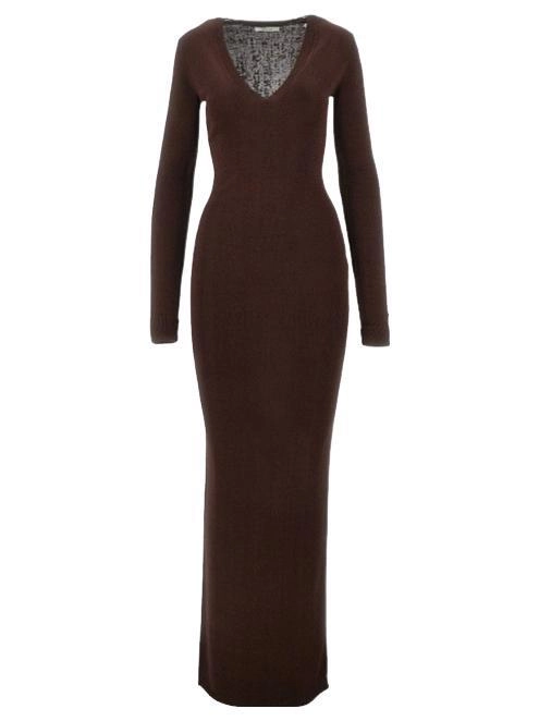 ENTIRE STUDIOS Long Sleeve V-neck Knitted Maxi Dress - Brown