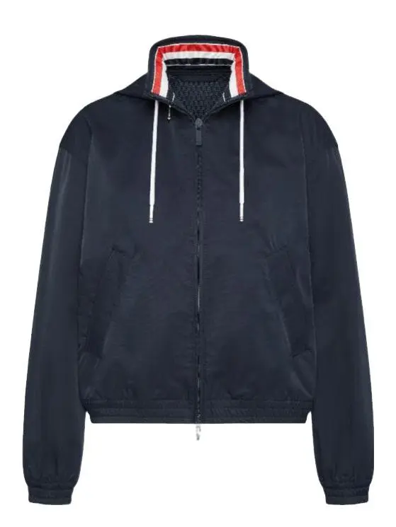 Thom Browne Hooded Zip-up Jacket With Sporty Stripes - Navy Blue