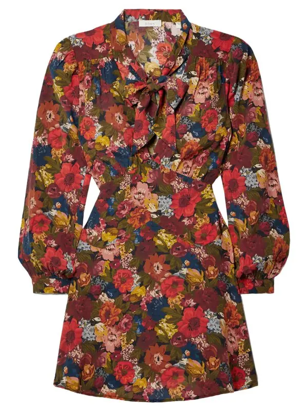 DÔEN Floral Long Sleeve Mini Dress With Bow Neckline - Red