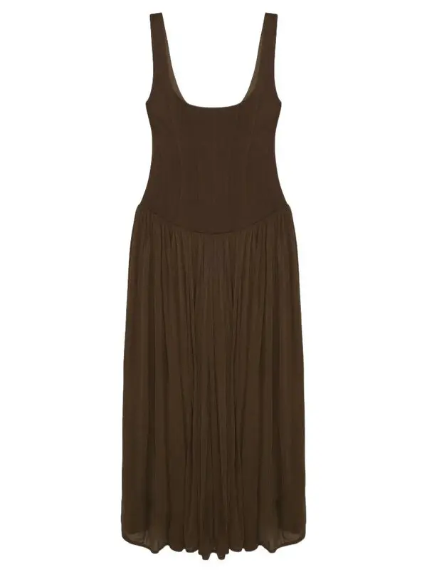 Simkhai Corset Bodice Pleated Midi Day Dress - Cocoa