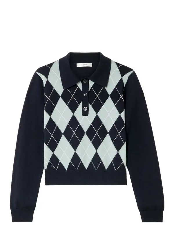 FRAME Diamond Patterned Knit Polo Shirt - Black