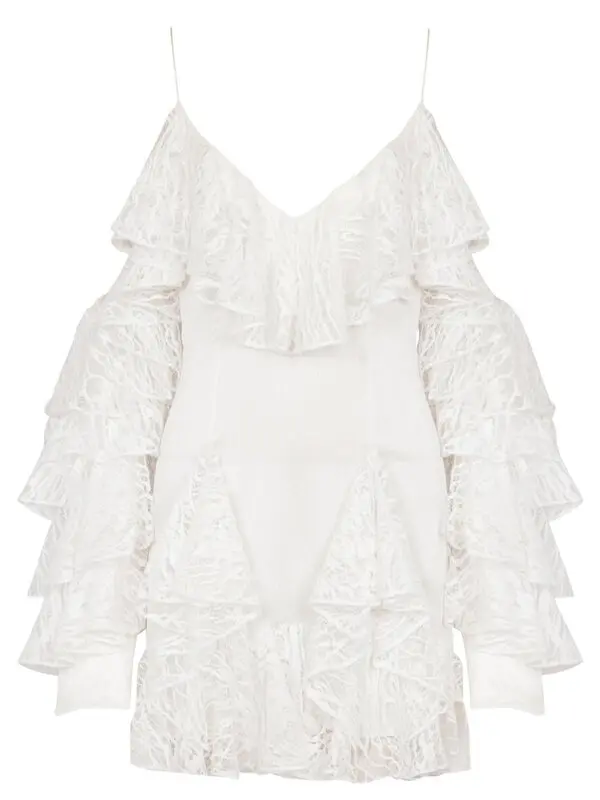 Balmain Lace Ruffle Dress - White