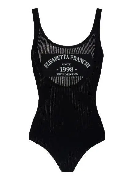 Elisabetta Franchi Ribbed Knit Bodysuit With Logo Detail - Black