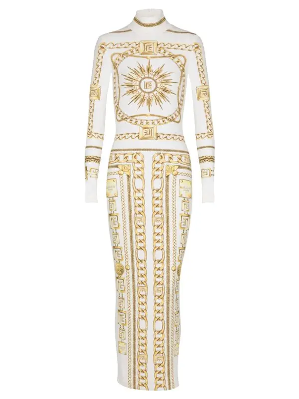 Balmain Long Sleeve High Neck Maxi Dress With Foulard Print - Golden