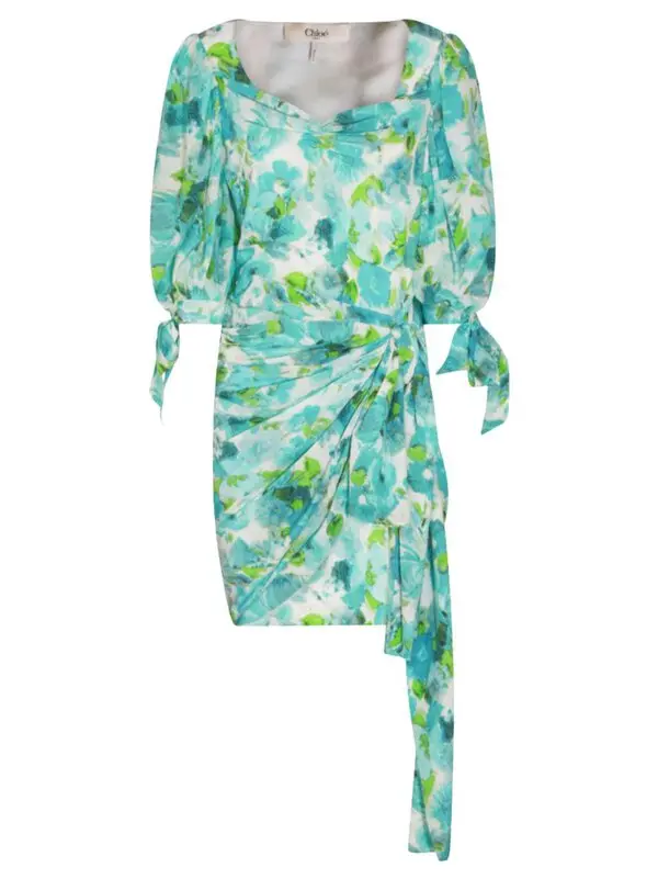 Chloé Ruched Floral Asymmetric Dress - Green