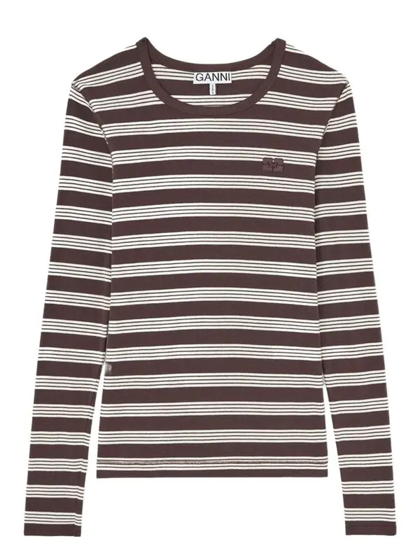 GANNI Long Sleeve Striped Crewneck Top - Mole
