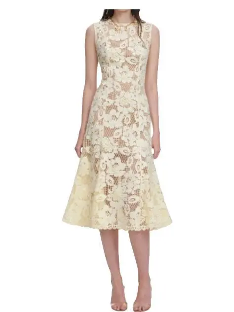 SELF-PORTRAIT Floral Crochet Midi Dress - Yellow