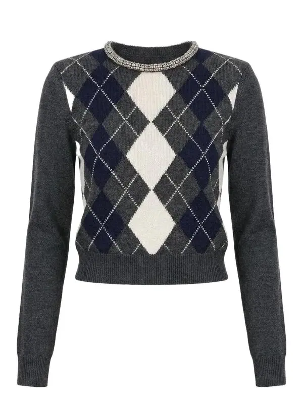 SELF-PORTRAIT Argyle Pattern Sweater With Embellished Neckline - Grey