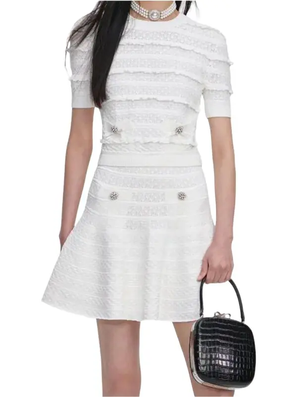 SELF-PORTRAIT Pointelle Knit Cropped Top With Jewel Button Detail - White