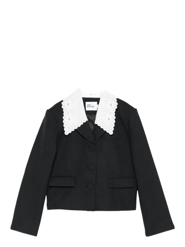 SELF-PORTRAIT Broderie Anglaise Collar Cropped Blazer - Grey
