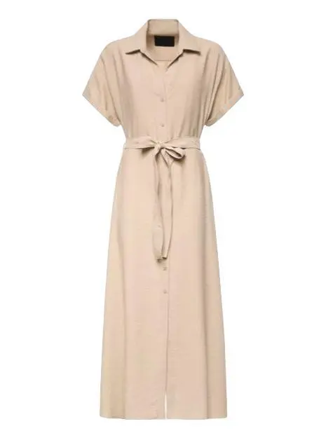 DONDUP Belted Shirt Dress With Short Sleeves And Turn-down Collar - Nude