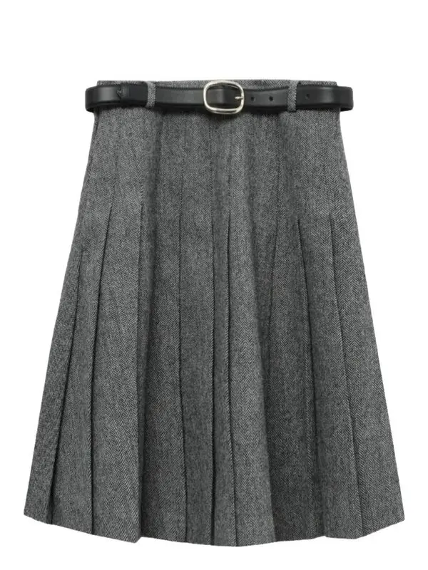 SELF-PORTRAIT Pleated Midi Skirt With Herringbone Pattern And Belted Detail - Grey