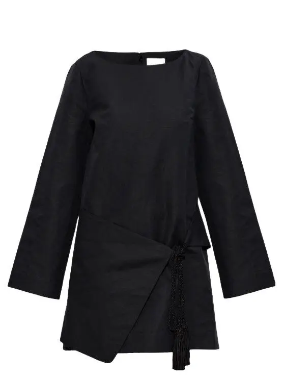 Posse Round Neck Long Sleeve Asymmetrical Tassel Dress - Black