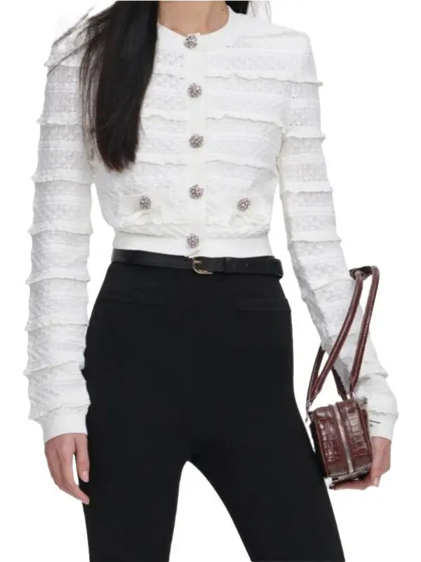 SELF-PORTRAIT Pointelle-knit Cardigan With Embellished Buttons - White