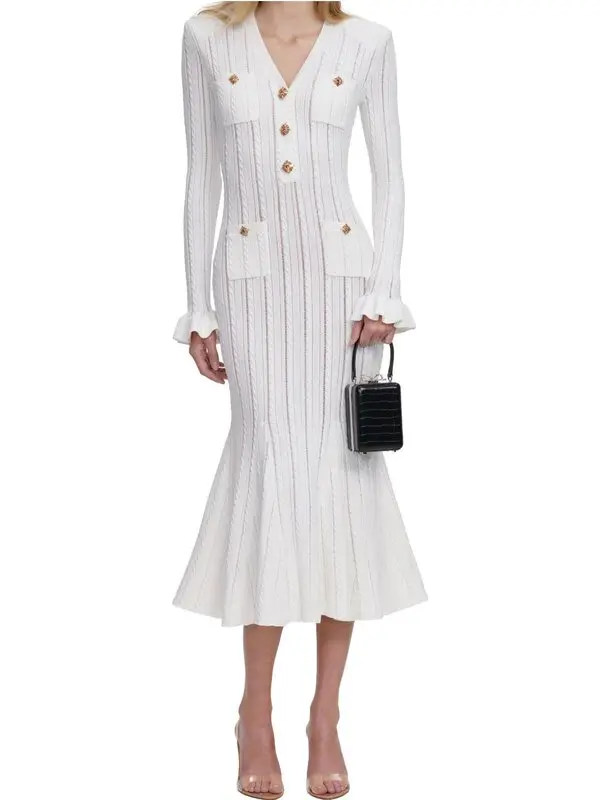 SELF-PORTRAIT V-neck Openwork Midi Dress - White