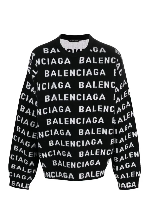 Balenciaga Allover Logo Intarsia Knitted Jumper - Black/white