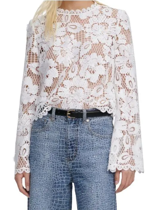 SELF-PORTRAIT Floral Crochet Lace Top With Flared Sleeves - White