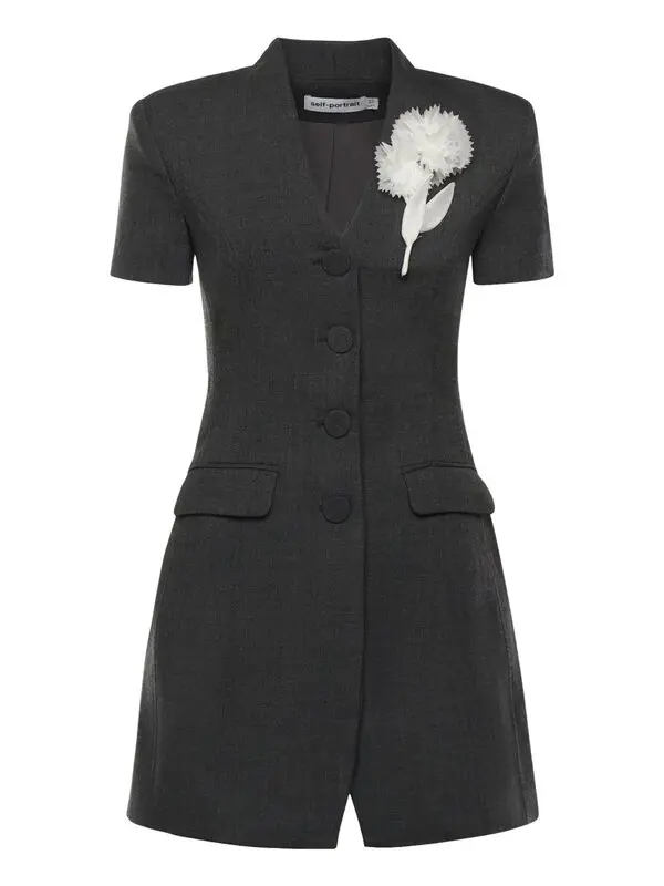 SELF-PORTRAIT Wool Button-up Mini Dress With Brooch Accent - Grey