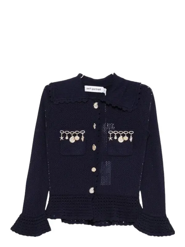 SELF-PORTRAIT Charm-detail Scalloped-trim Cardigan - Navy Blue