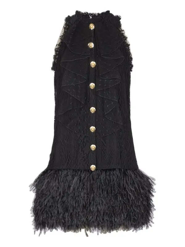 Balmain Halter Neck Lace And Feather Dress - Black
