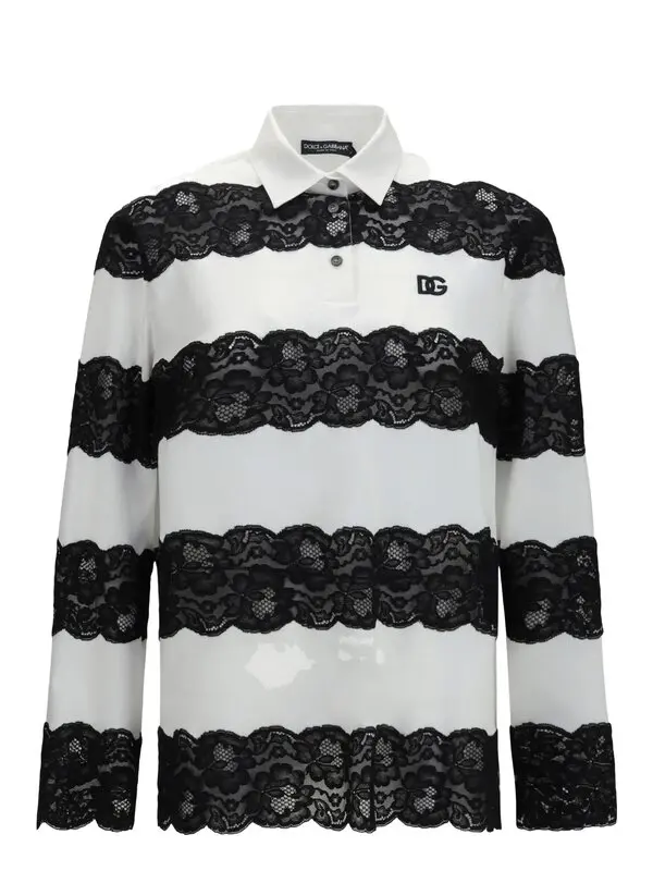 Dolce & Gabbana Long Sleeve Lace Trim Polo Top - Black