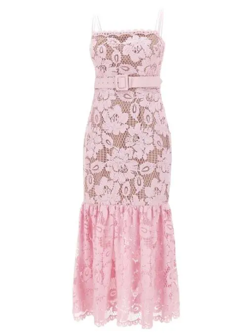 SELF-PORTRAIT Crochet Lace Belted Midi Dress - Pink