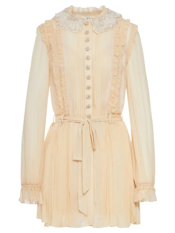SELF-PORTRAIT Pleated Georgette Mini Dress With Jeweled Collar - Nude