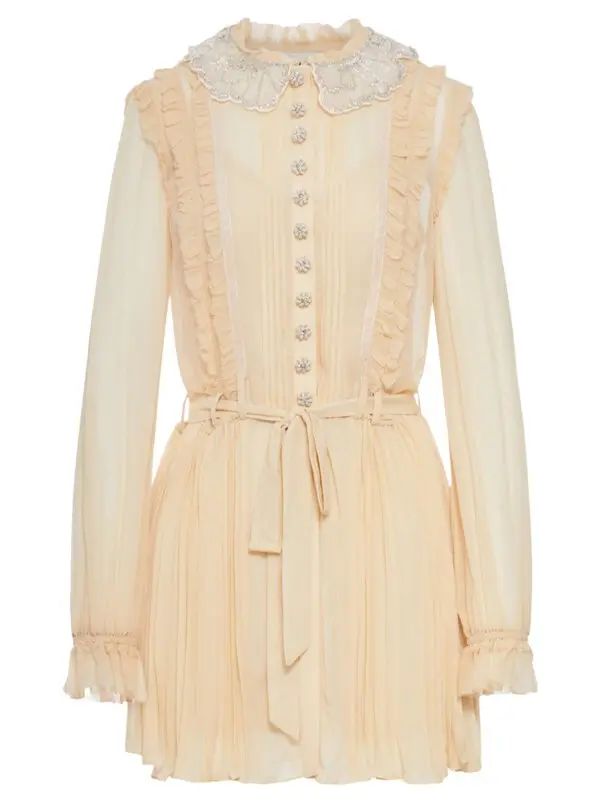 SELF-PORTRAIT Pleated Georgette Mini Dress With Jeweled Collar - Nude