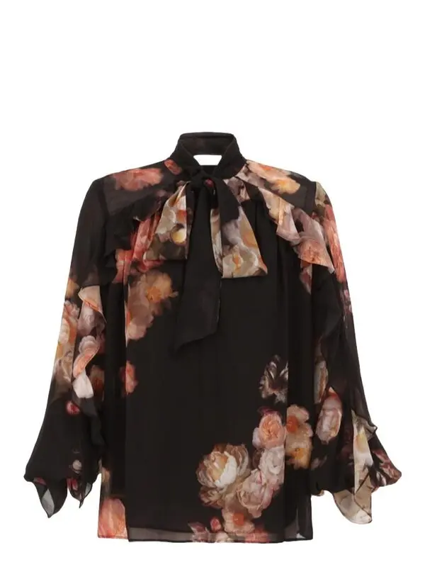 Zimmermann Floral Print Blouse With Self-covered Necktie And Frill Detailing - Black