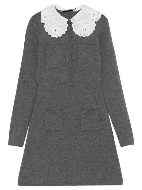 SELF-PORTRAIT Knitted Dress With Contrast Collar - Grey