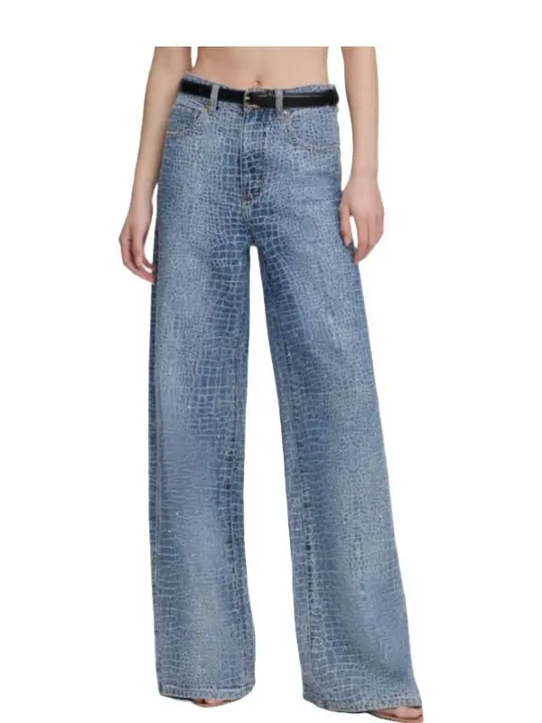 SELF-PORTRAIT Rhinestone Crocodile-effect Jeans - Blue