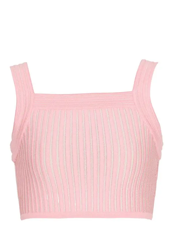 Balmain Square Neck Textured Knit Top - Pink