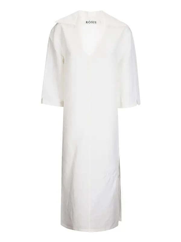 RÓHE Linen Kaftan Dress With Lapel Collar And Slit Skirt - White