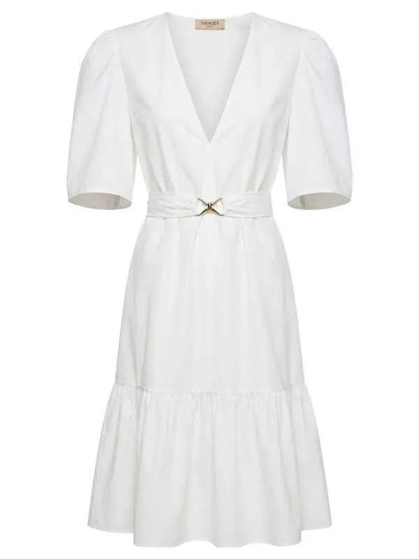 TWINSET Belted Tiered Mini Dress With V-neck And Short Sleeves - White