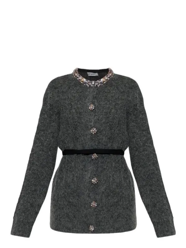 SELF-PORTRAIT Embellished Cardigan With Detachable Belt - Charcoal-grey