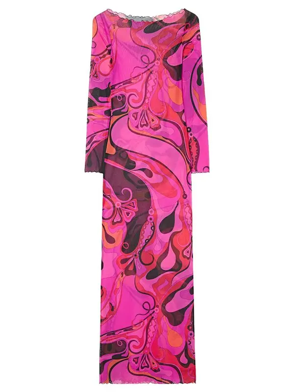 Emilio Pucci Orchidee Printed Long Sleeve Maxi Dress - Fuchsia/black