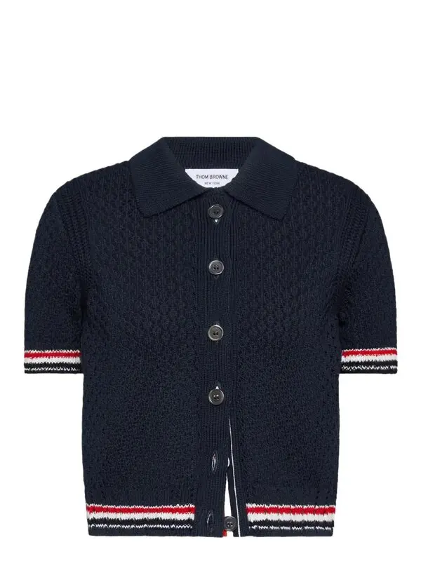 Thom Browne Short Sleeve Buttoned Cardigan With Striped Trim - Navy Blue