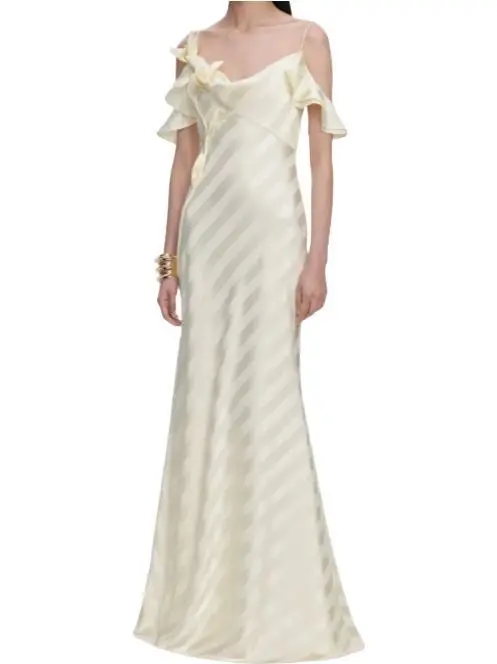 SELF-PORTRAIT Striped Satin Maxi Dress With Ruffles - Yellow