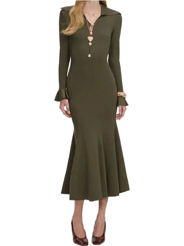 SELF-PORTRAIT Oversized Collar Button Midi Dress - Khaki