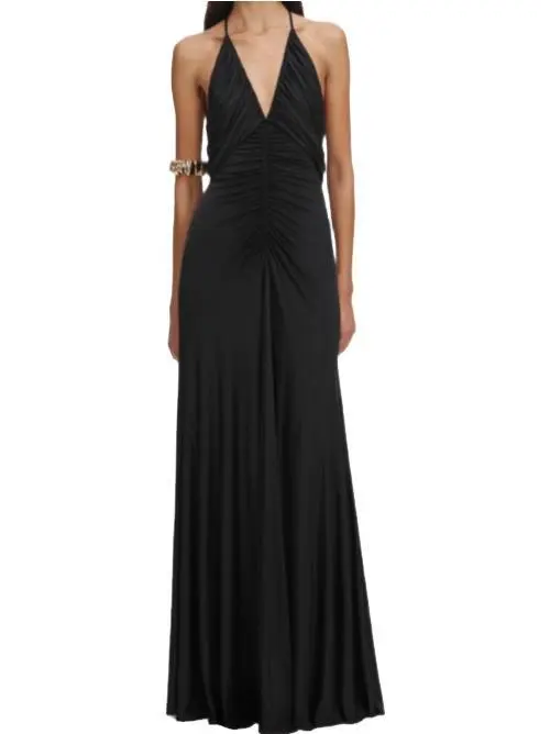 SELF-PORTRAIT Halterneck Ruched Maxi Dress - Black
