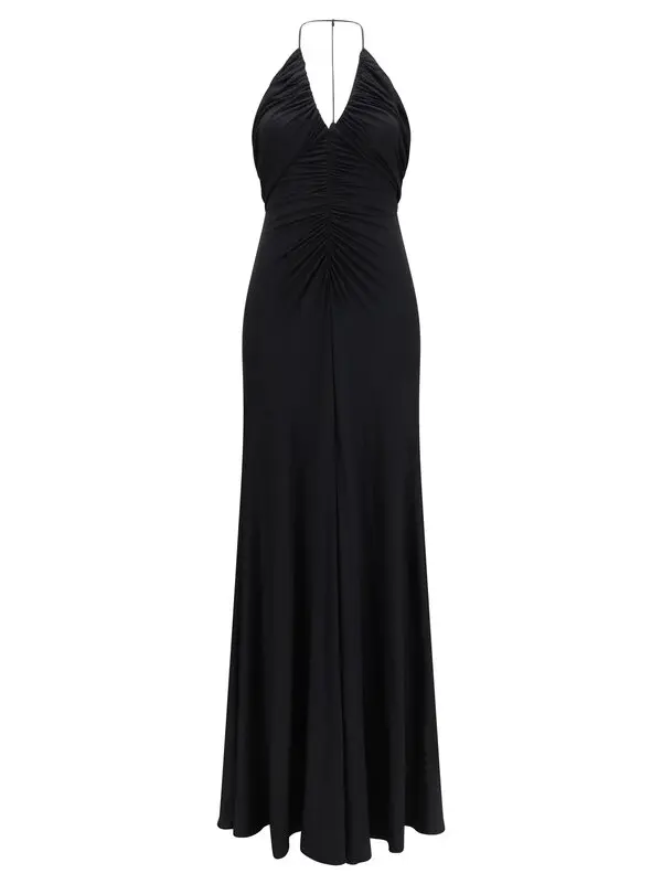 SELF-PORTRAIT Halterneck Ruched Maxi Dress With Open Back - Black