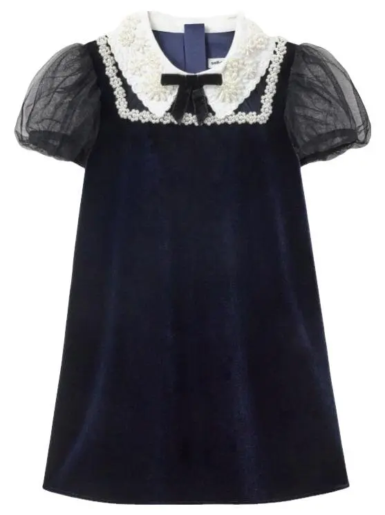 SELF-PORTRAIT Puff Sleeve Faux Pearl Embellished Dress - Navy Blue