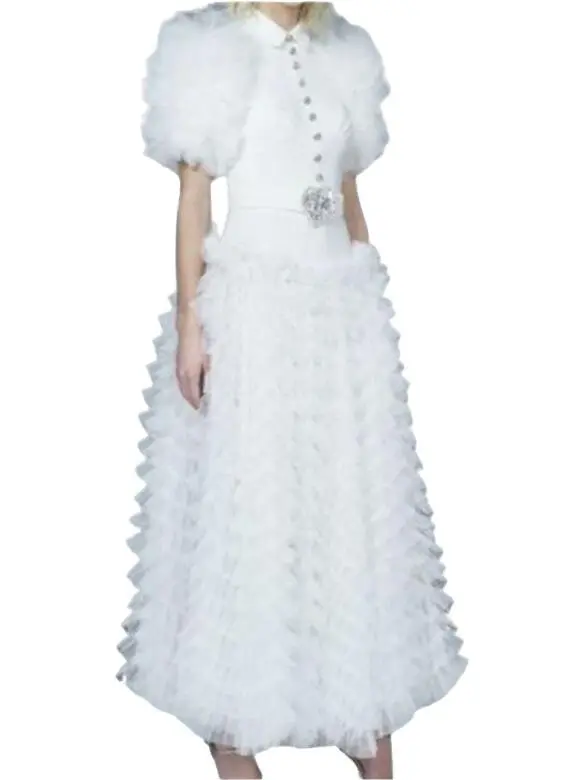 Alessandra Rich Pleated Tulle Dress With Embellished Belt - White