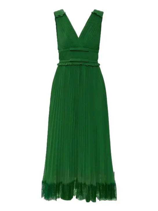 SELF-PORTRAIT Bow Pleated Midi Dress - Green